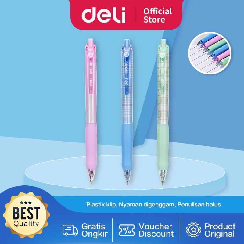 Jual Deli Retracable Gel Pen / Pulpen Gel Cetak 0.5 mm Tinta Hitam Biru ...