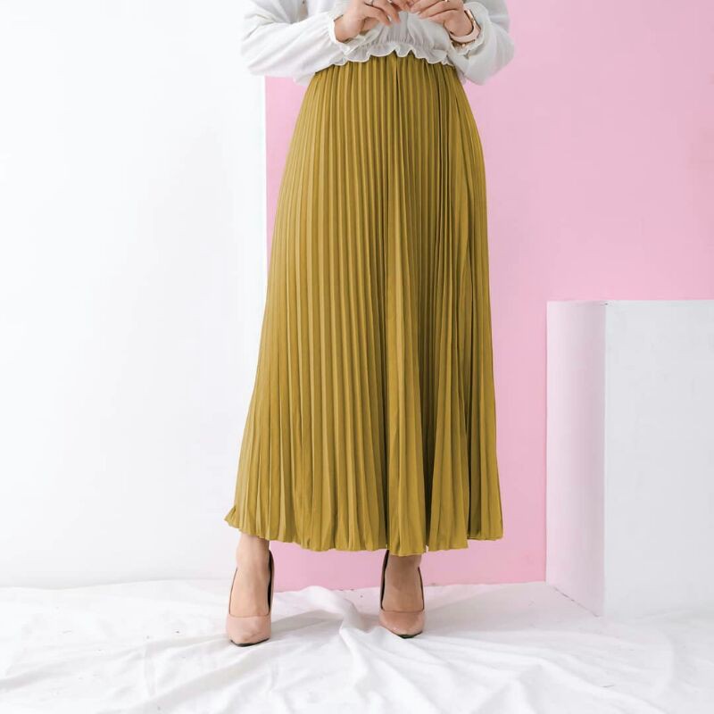 Jual Pleated Skirt - OOTD Rok Plisket Panjang Super Premium Warna Lime / Kuning Lemon Tebal ...
