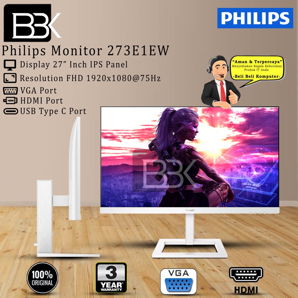 Jual Monitor LED PHILIPS 273E1EW 27" FHD 75Hz HDMI USB C VESA 3Yr | Shopee Indonesia
