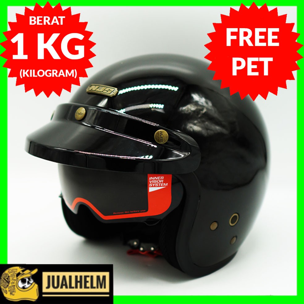 NJS NX2 Solid Black Glossy (Half Face/Helm Retro/Classic/Klasik/Vespa ...