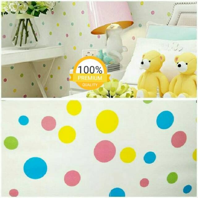 Jual Wallpaper dinding murah ruangan tamu kamar anak polkadot full color kuning hijauputih merah ...