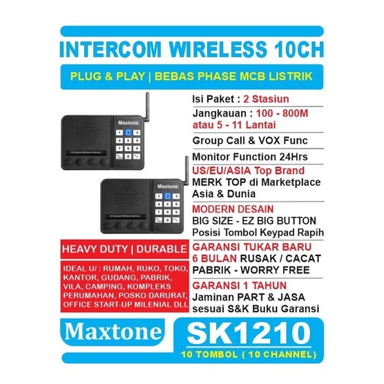 Jual Wireless Intercom 10 CH Home Office Interkom - MAXTONE SK1210 ...