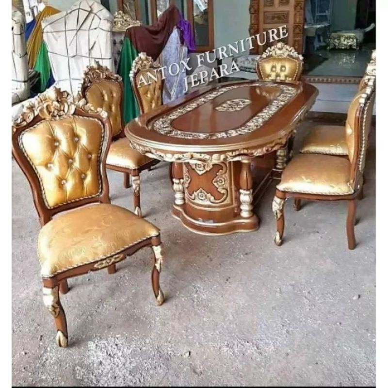 Jual meja makan Salina jati mebel Jepara plus kaca meja | Shopee Indonesia