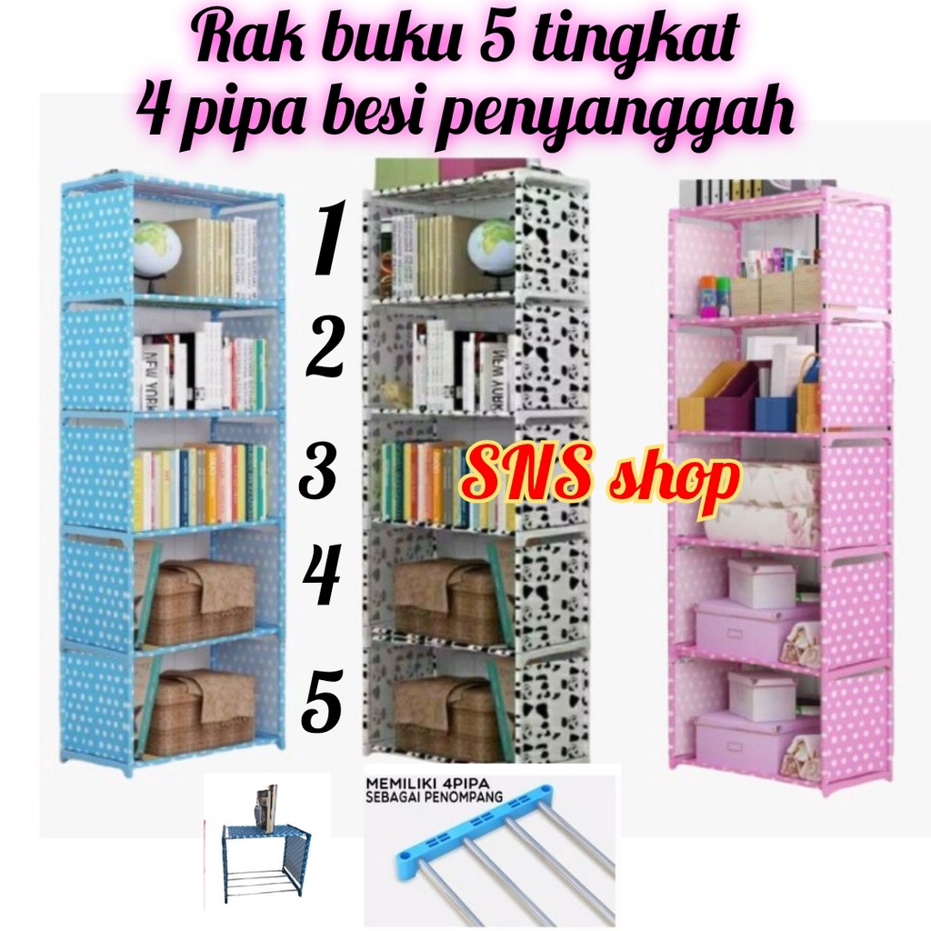 Jual Rak buku 5 tingkat + tutup belakang dan 4 besi pipa penyanggah rak buku 5 susun | Shopee ...