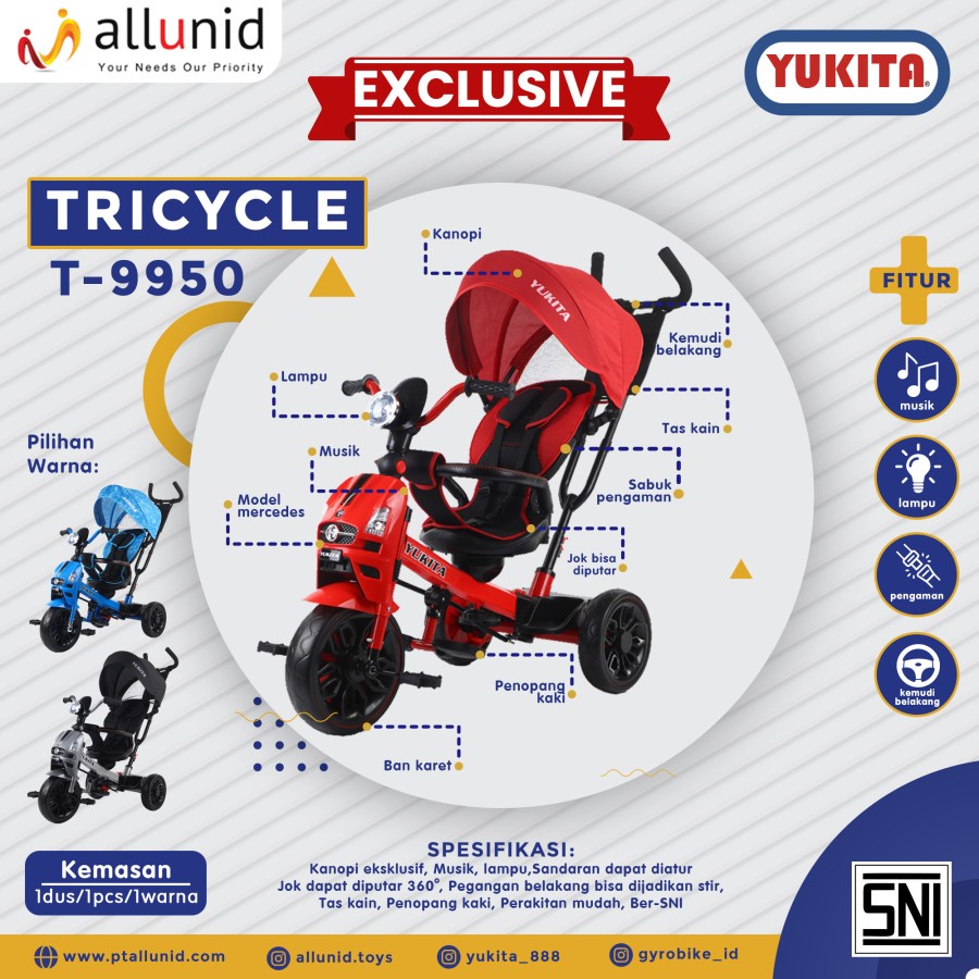 Jual Sepeda Anak Roda Tiga TRICYCLE YUKITA T-9950 - STROLLER STROLER ...