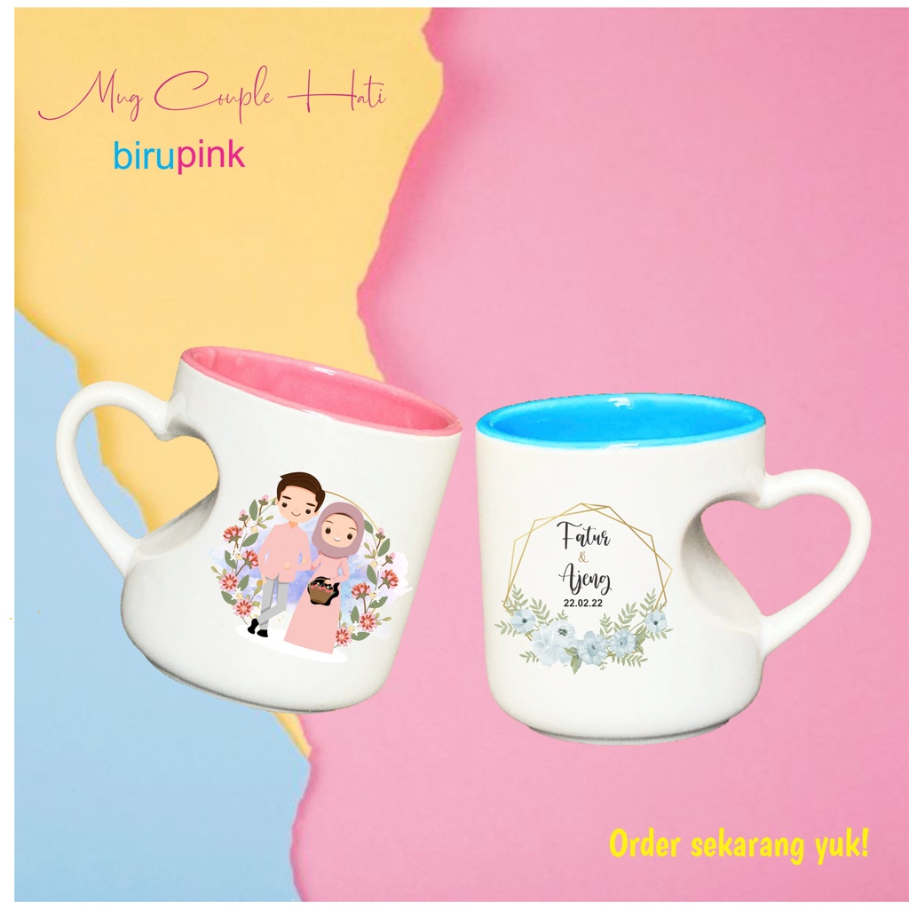 Jual Mug couple bentuk hati warna biru pink gelas couple souvenir ...