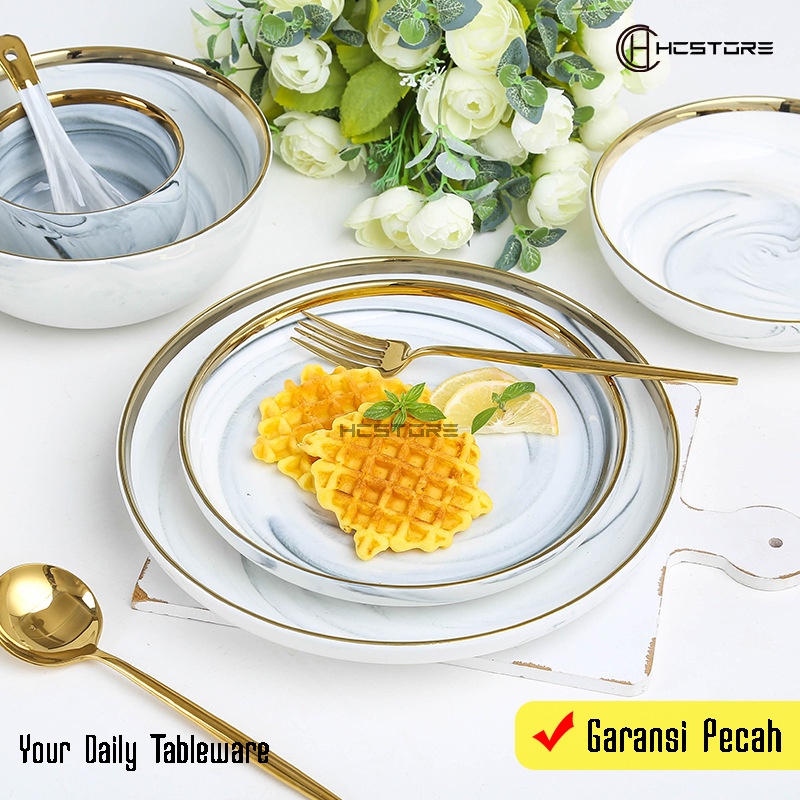 Jual Piring Steak Keramik Marble grey List Gold ukuran 25cm bisa masuk microwave | Shopee Indonesia