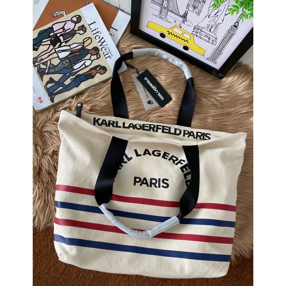 Jual Tas Karl Lagerfeld Tote Shoulder Canvas Stripe Red Navy Logo New ...