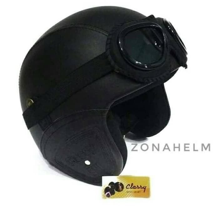 Jual Helm Klasik Kulit Hitam Polos + Kacamata Google Retro SNI Dewasa ...