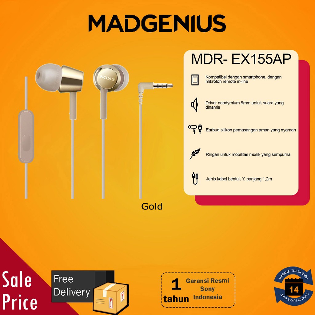 Jual Sony Original MDR-EX155AP / MDR EX155AP / MDREX155AP Gold In-Ear ...