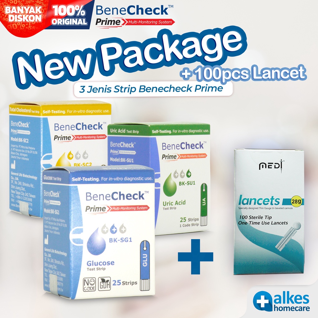 Jual PAKET Strip Benecheck PRIME (CHOL, UA & GLU) dan Jarum lancet 28g ...