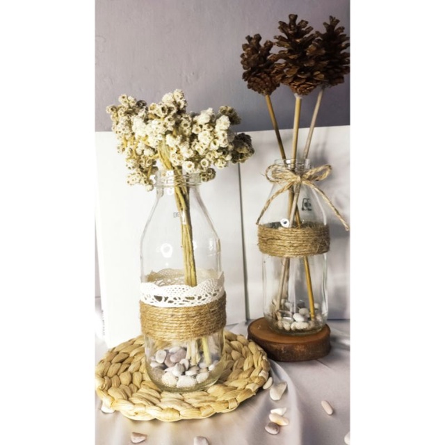 Jual 1 set vas bunga kering 350 ml/ vas bunga kaca tali rami 350 ml ...