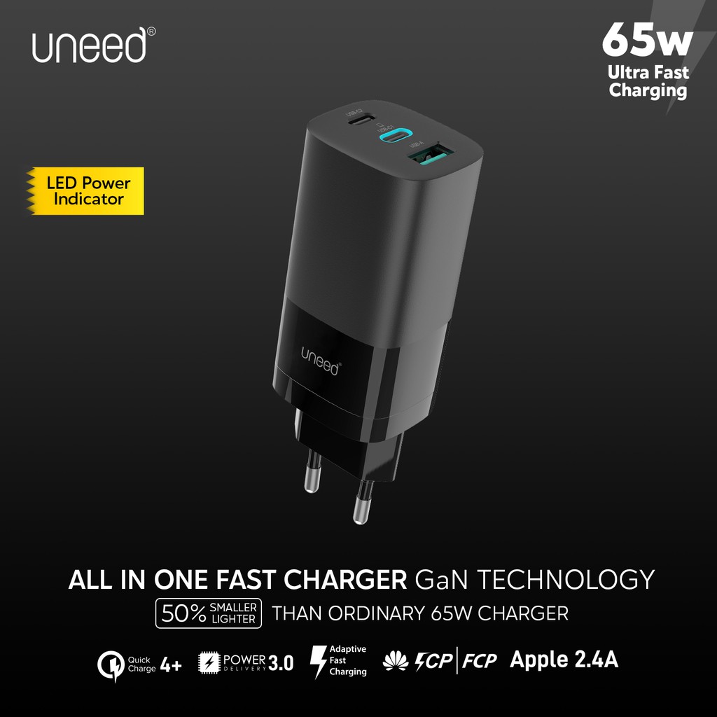 UNEED GaN Charger 65W QC 4.0 3.0 PD 3.0 AFC FCP SCP - UCH409 | Shopee ...