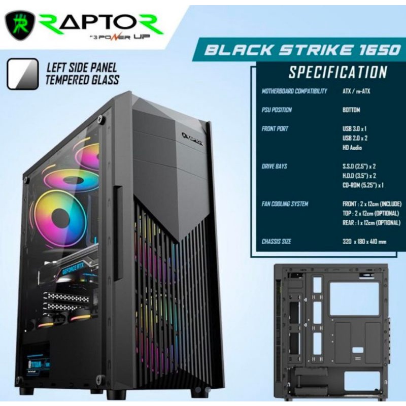 Jual CASING PC GAMING RAPTOR BLACK STRIKE 1650 RGB 2 FAN ATX | Shopee ...
