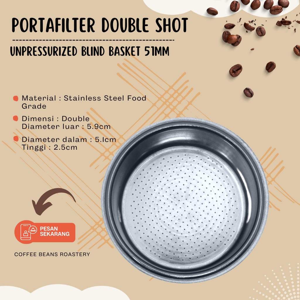 Jual COFFEE PORTAFILTER 51MM UNPRESSURIZED DOUBLE Shot BLIND Basket ...