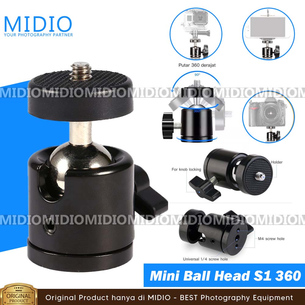 Jual Midio Mini Ball Head Tripod S1 Ball Head Ring Light S1 360 with 1/ ...
