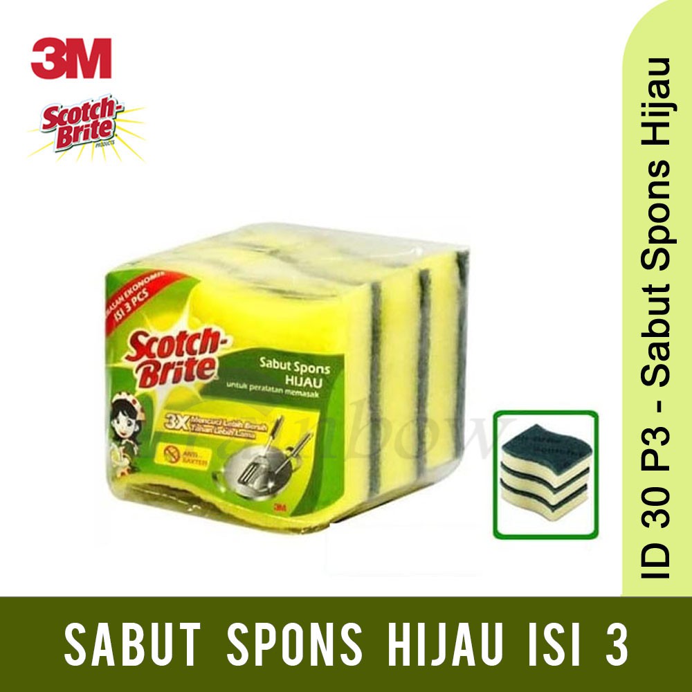 3M Scotch Brite Sabut Spons Hijau 3x4 inch 3 PAD - ID 30P3 | Shopee ...