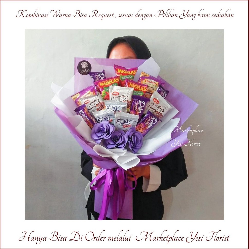 Jual Buket Snack Kombinasi Bunga Handmade under 100k || Buket Murah ...