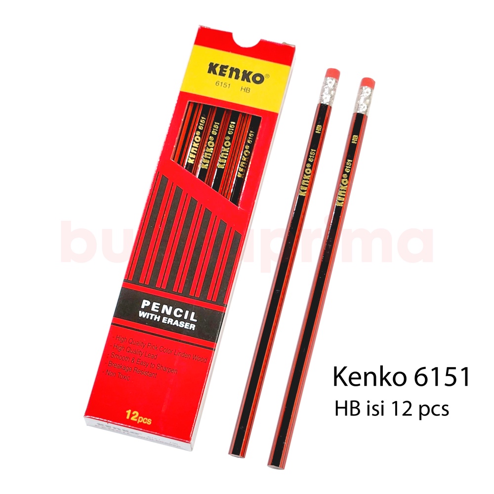 Jual Pensil Kenko HB isi 12 pcs Pencil Kayu 6151 Merah Pakai Penghapus ...
