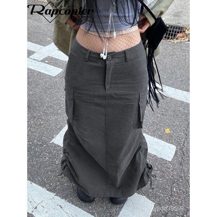Jual Rapcopter Grey Pockets Midi Skirts Grunge y2k Ruched Drawstring ... Jual Rapcopter Grey Pockets Midi Skirts Grunge y2k Ruched Drawstring ...