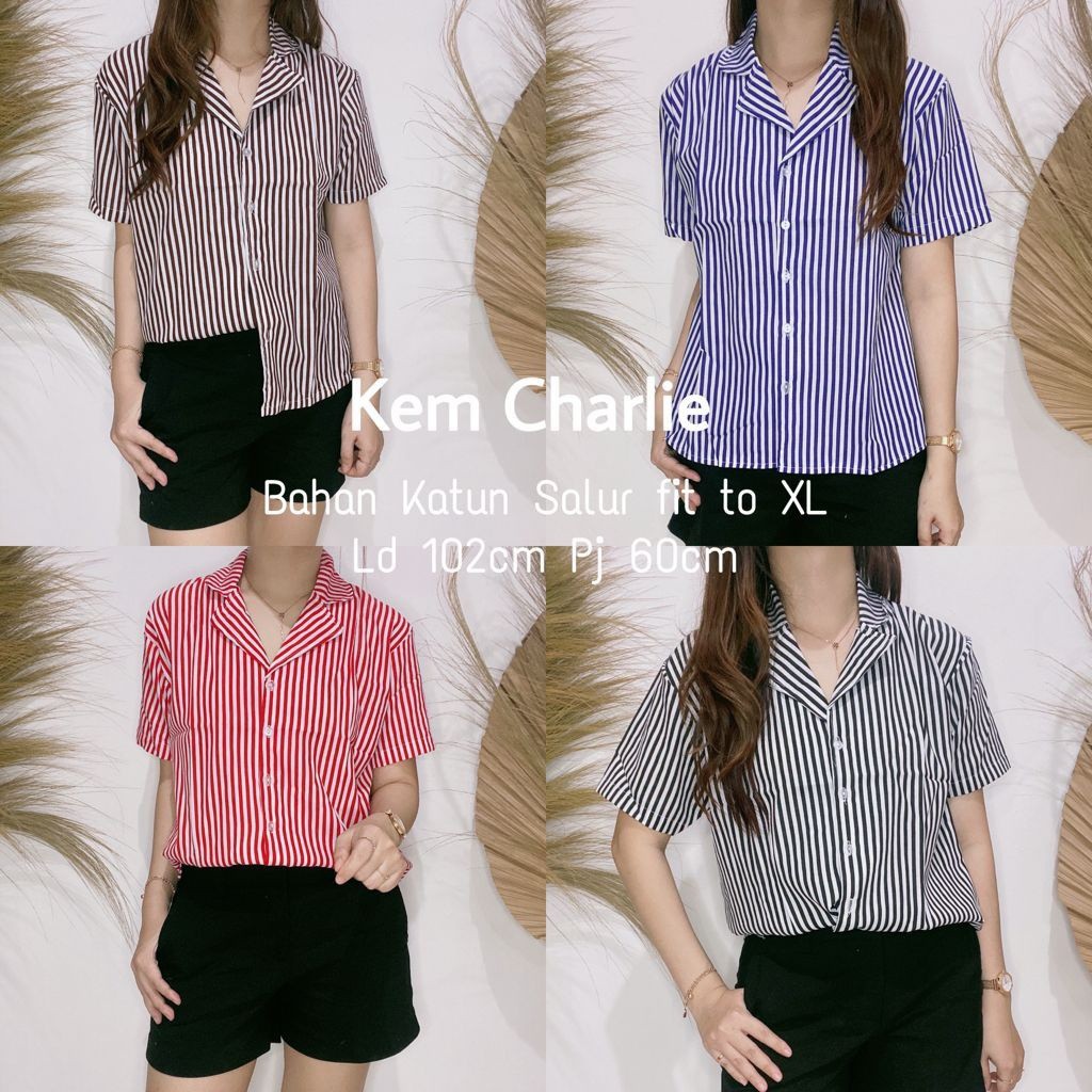Jual Kem Charlie / kemeja salur wanita lengan pendek / Kem Serina (bahan katun salur, Uk XL, LD ...