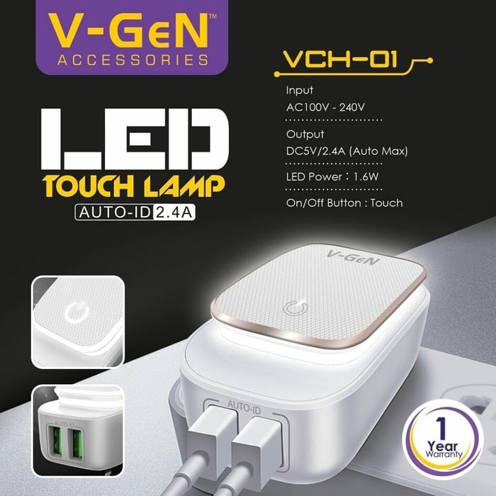 Jual Wall Charger 2 USB Port with LED Touch Lamp VCH-01 V-GeN |Adaptor ...