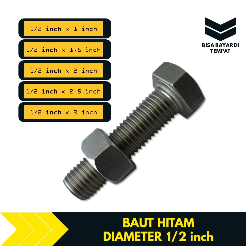 Jual Baut Mur Hitam Diameter 1/2 Inch M12 Panjang 4 5 6 7 cm TBMS396 ...