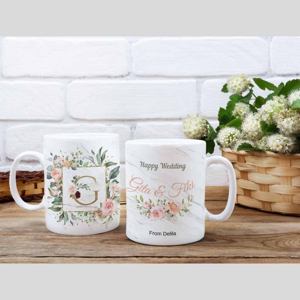 Jual Mug Hadiah Pernikahan dan Wisuda Tema Bunga Mawar Pink Custom Nama ...