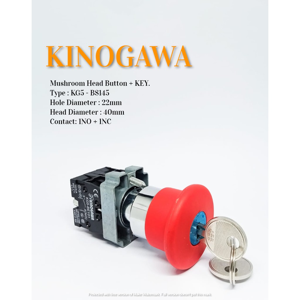 Jual Push Button Emergency 22mm + Kunci KINOGAWA - Tombol Darurat 22mm ...