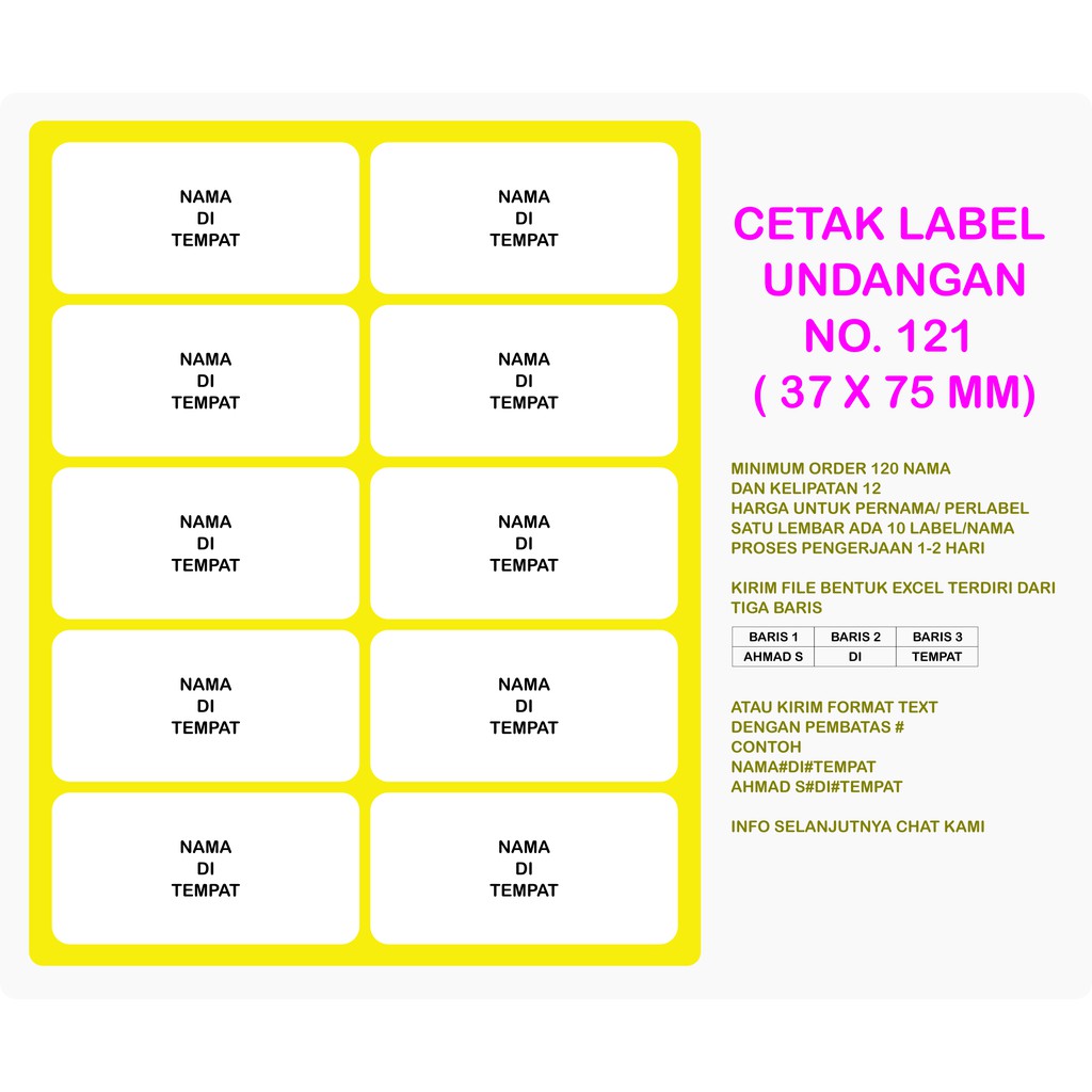 Jual CETAK LABEL UNDANGAN NO 121 UKURAN 37X75MM Indonesia Shopee Indonesia
