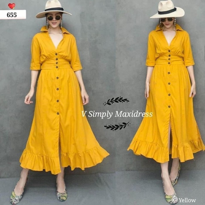 Jual Maxi dress V simpel polos ECL 655 bawah belah kiri kanan - Kuning ...