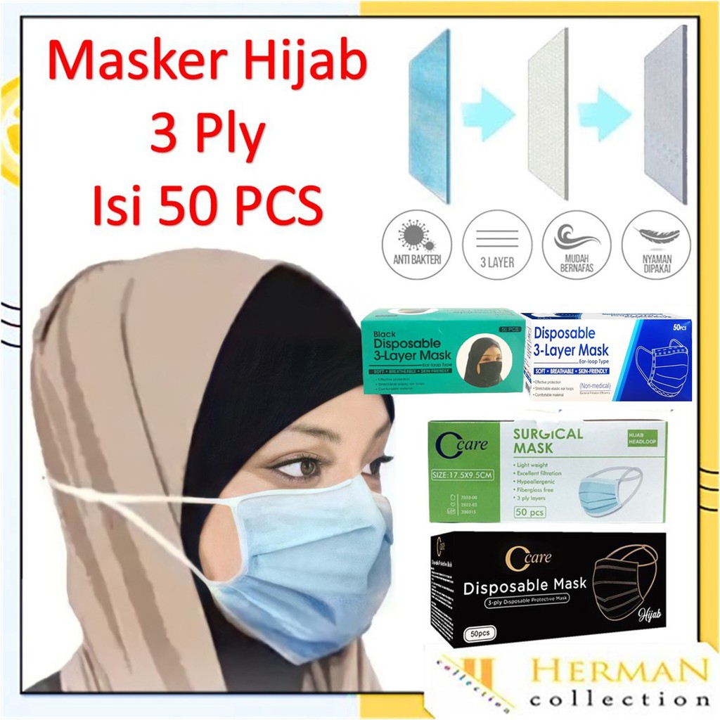 HC Masker Hijab Hitam 3Ply Biru Mask Headloop isi 50 Pcs Box Facemask ...