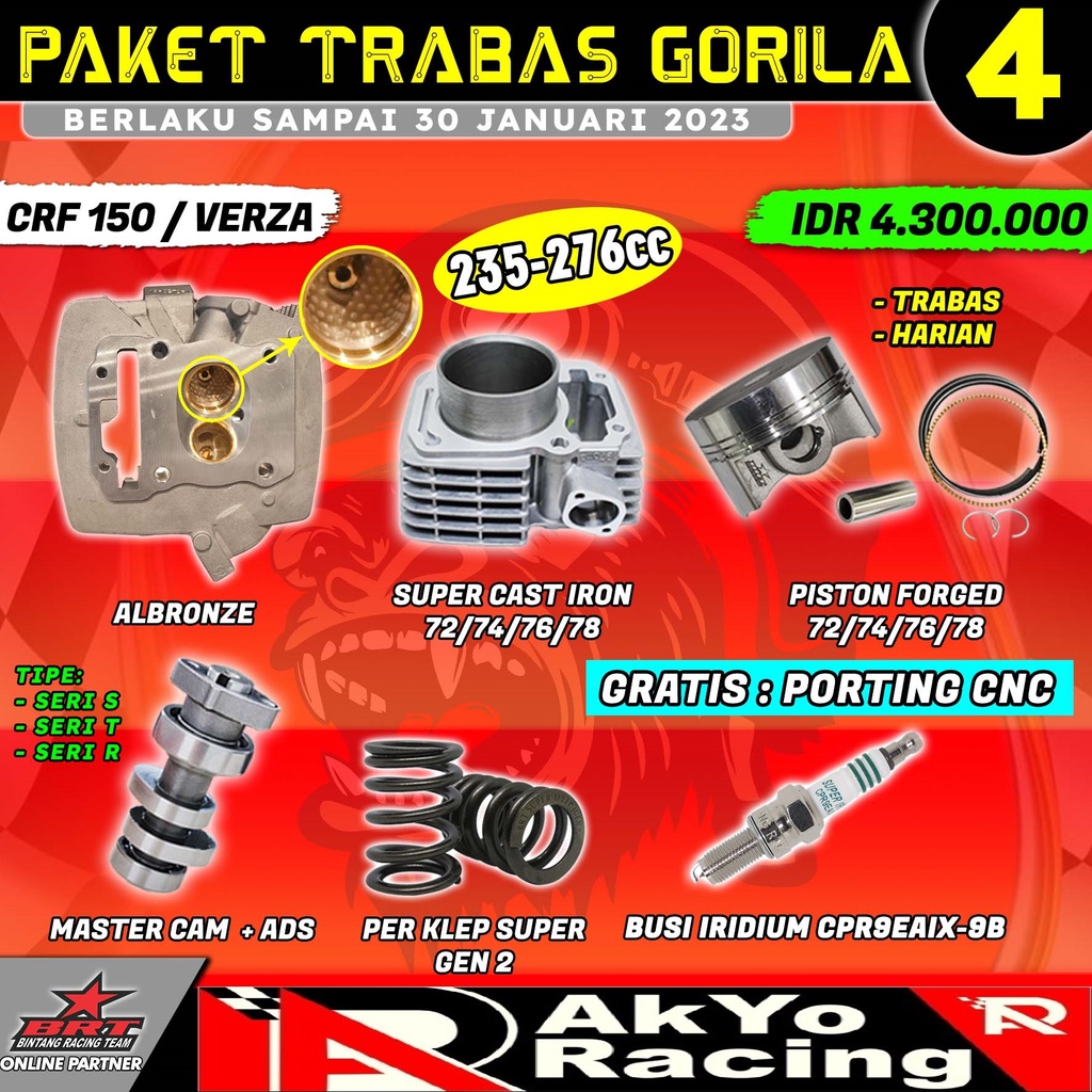 Jual PAKET TRABAS GORILA 4 BRT PAKET BORE UP 235CC - 276CC CRF 150 / VERZA | Shopee Indonesia