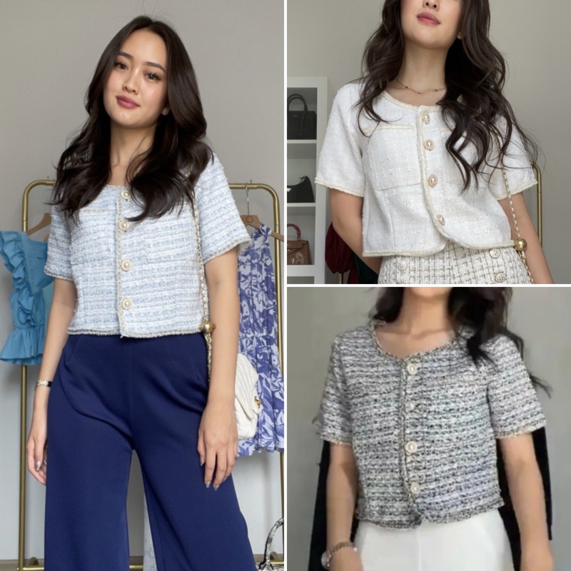 Jual Bronze behavior juniper tweed top in blue biru black hitam putih ...