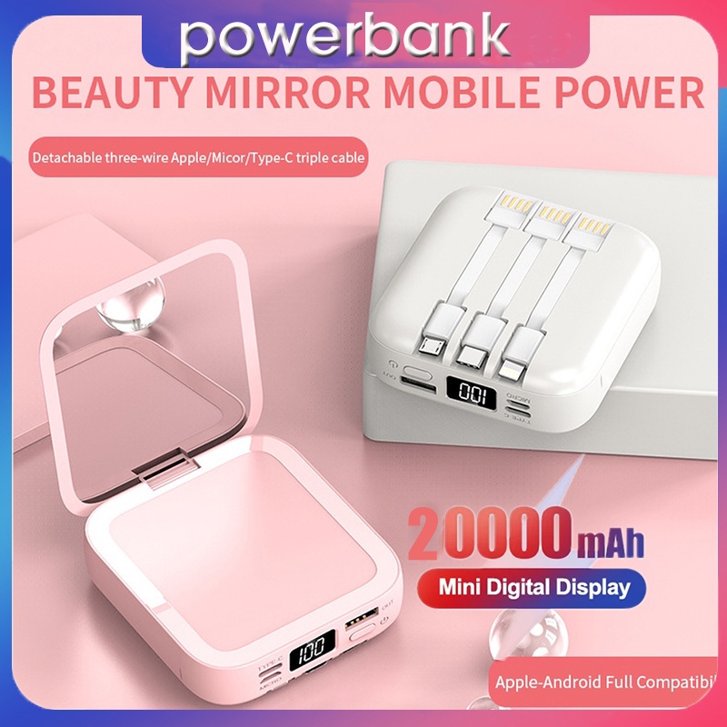 Jual Original100% Powerbank 20000mAh With Mirror Fast Charging Built-in 3 Cables | Shopee Indonesia