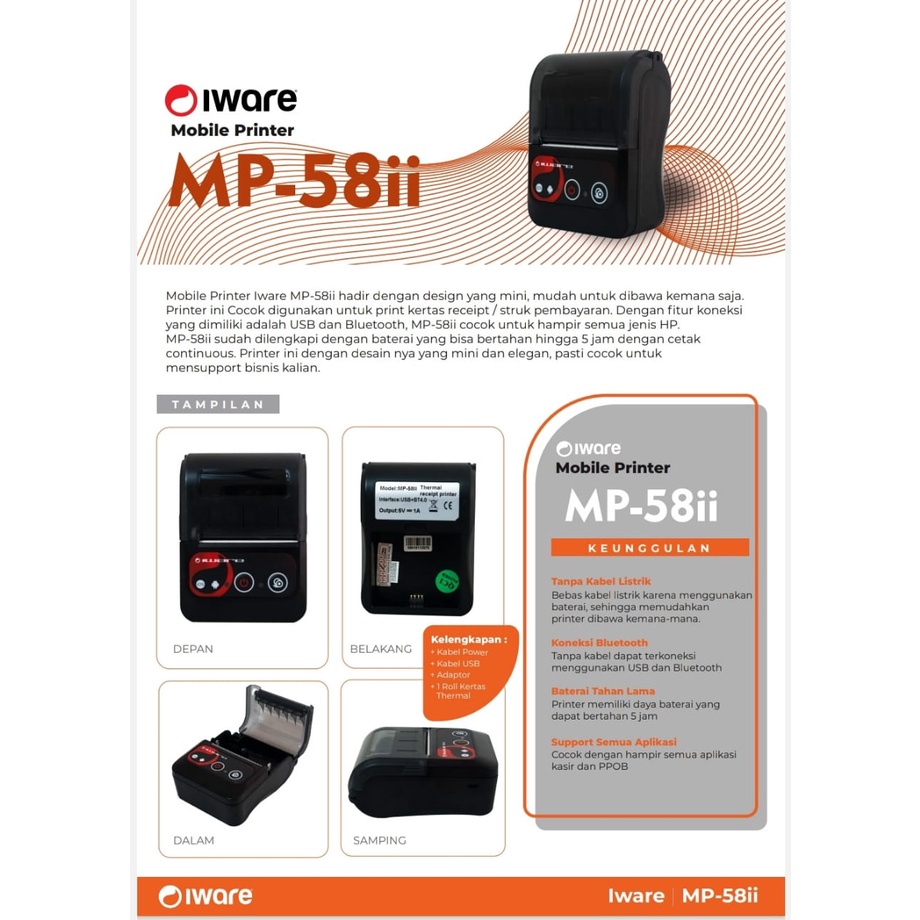 Jual IWARE mp58ii Mobile Thermal Bluetooth Printer ANDROID/IOS THERMAL 58MM mp 58ii mp-58ii ...