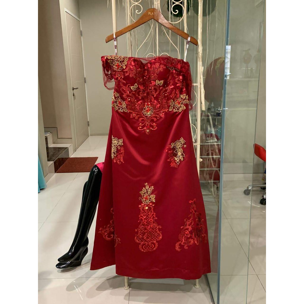 Jual Gaun Merah Mama Formal Party Orang Tua Lengan Besar | Shopee Indonesia