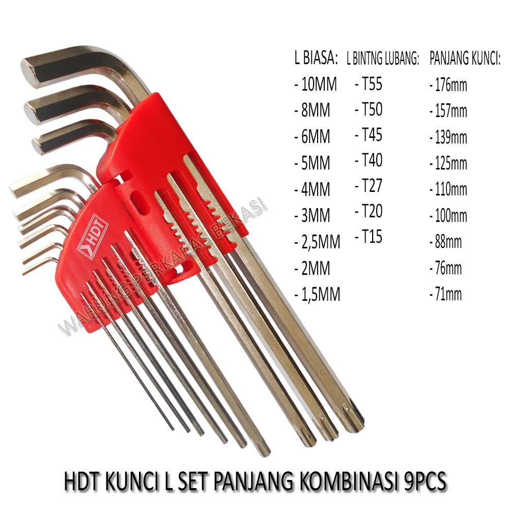 Jual HDT Kunci L Set Panjang Kombinasi Kunci L Bintang Lubang 9 Pcs 1 5