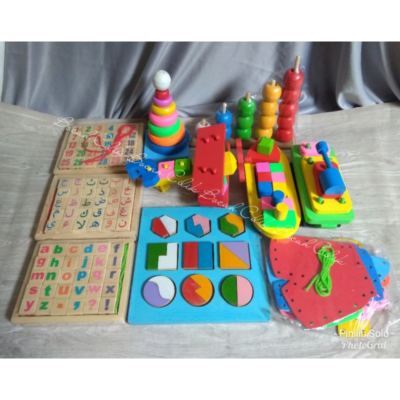 Jual mainan edukatif kayu menara donat telur balok kapal pesawat tank ...