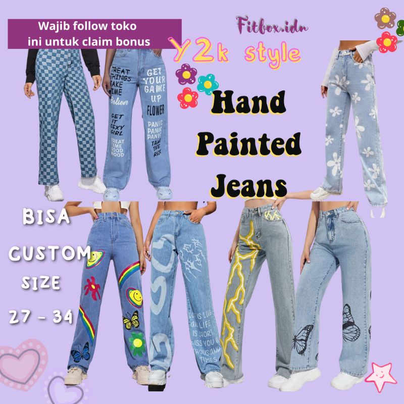 Jual y2k style hand painted jeans Y2k blue jeans thunder checkered ...