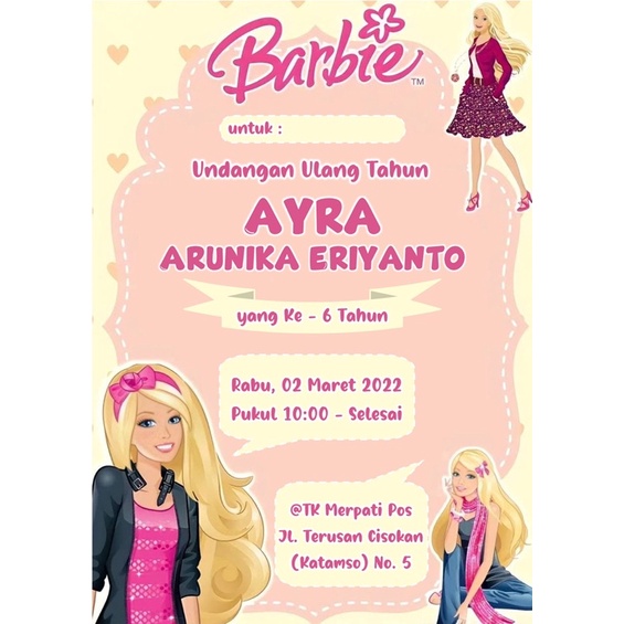 Jual Birthday Invitation /Undangan Ulang Tahun ana k tema Barbie ...
