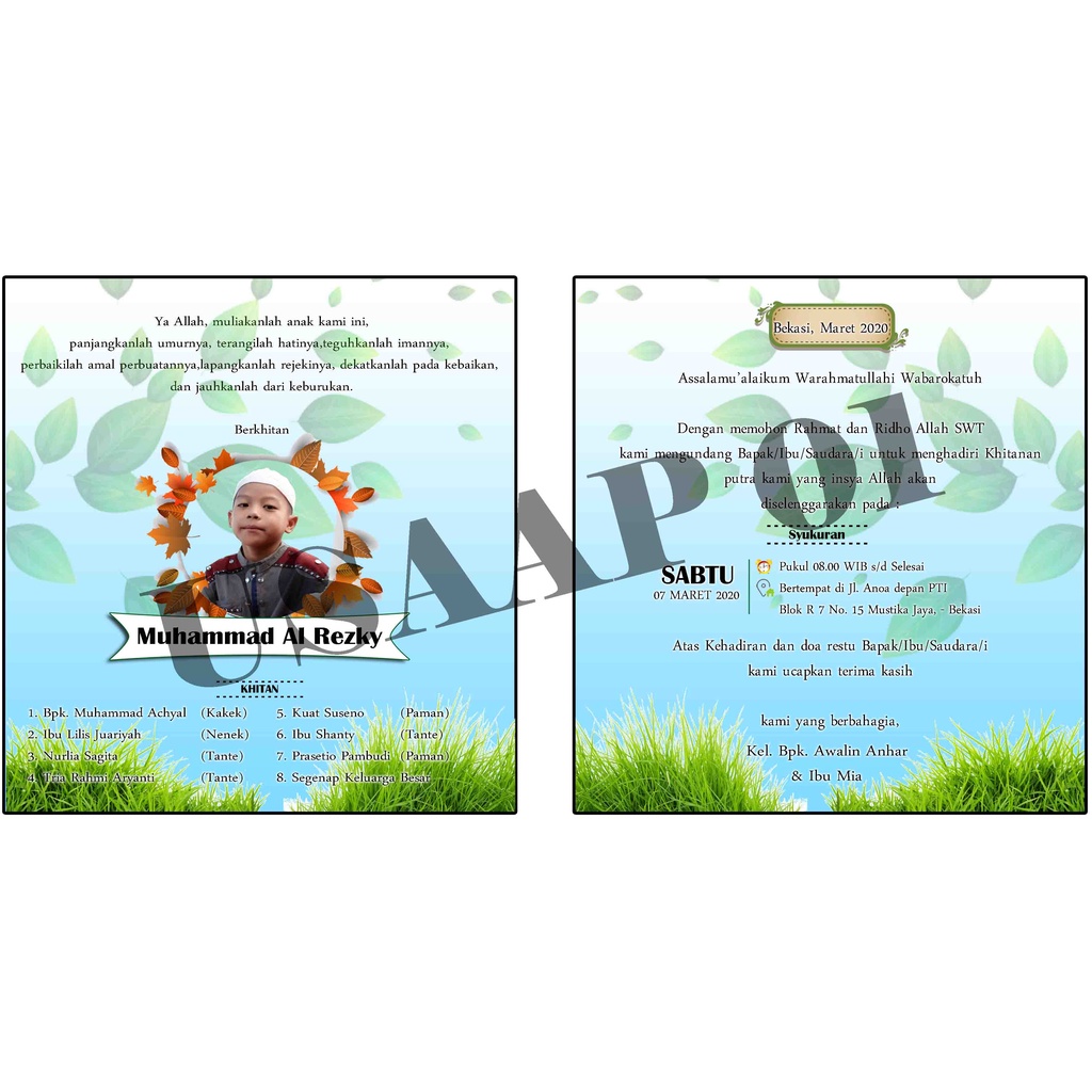 Jual cetak PRINT undangan sunat USAAP001 free plastik tambah foto denah ...