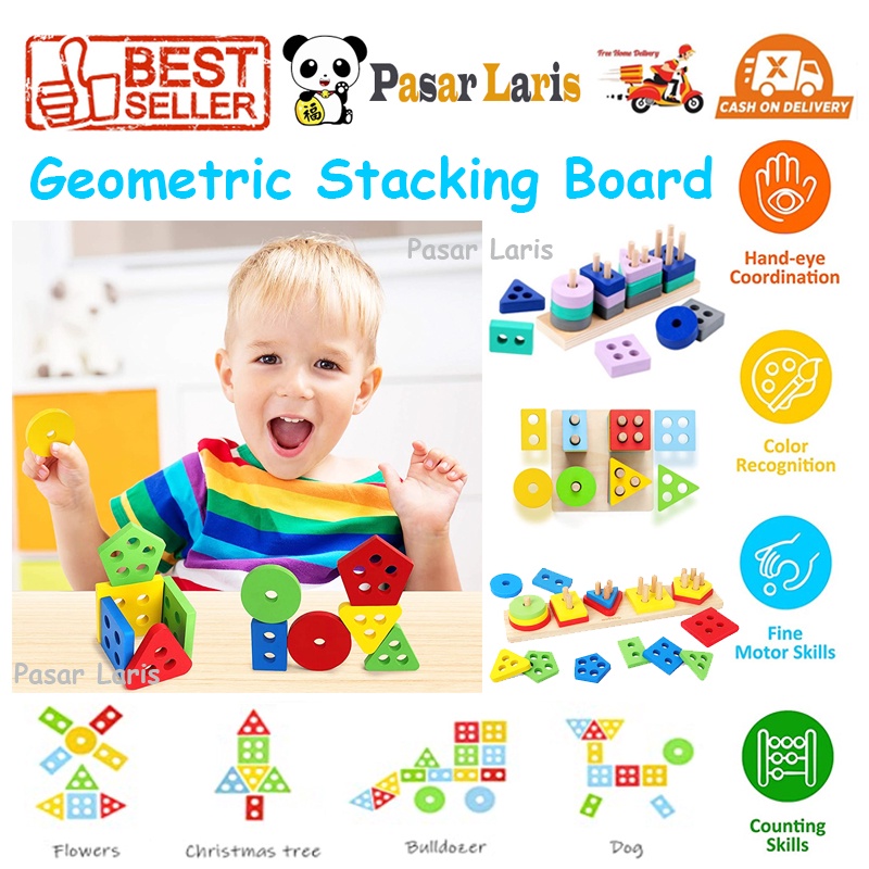 Jual Geometric Board Stacking Tower Mainan Kayu Edukasi Anak Mengenal ...