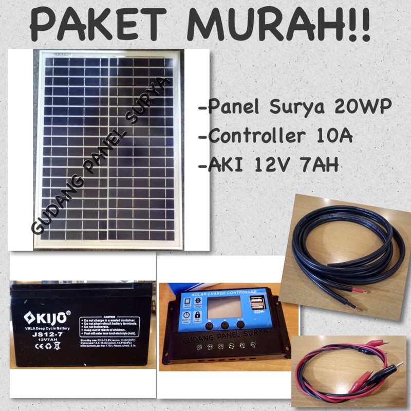Jual PAKET MURAH Solar Panel Surya 20WP, Solar Controller 10A, Aki 12V ...