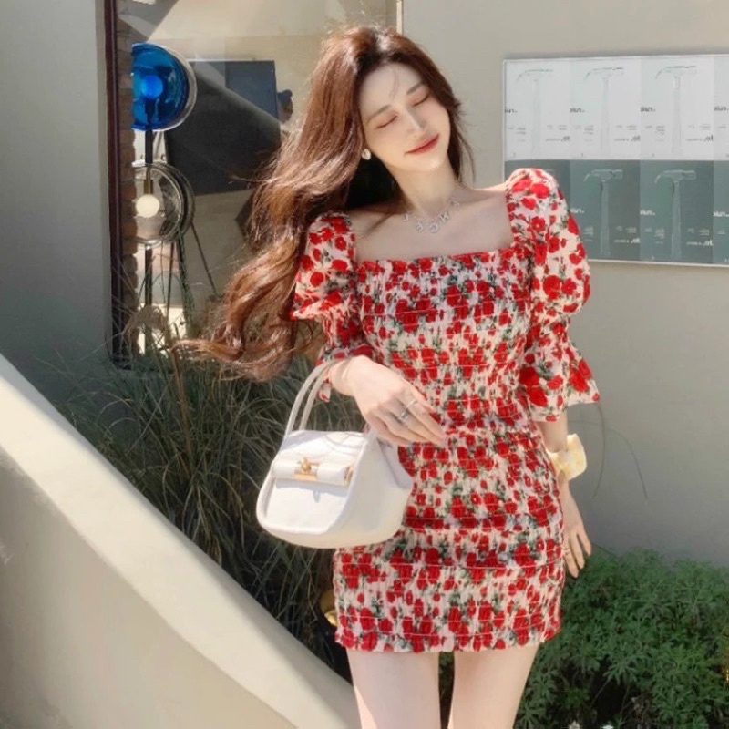 Jual MD24 Korean mini dress square neck sabrina flower merah lengan ...