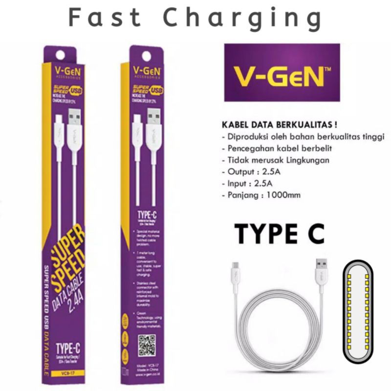 Jual VGen Kabel Data Type C Fast Charging Original 2,5A - 1M | Shopee ...