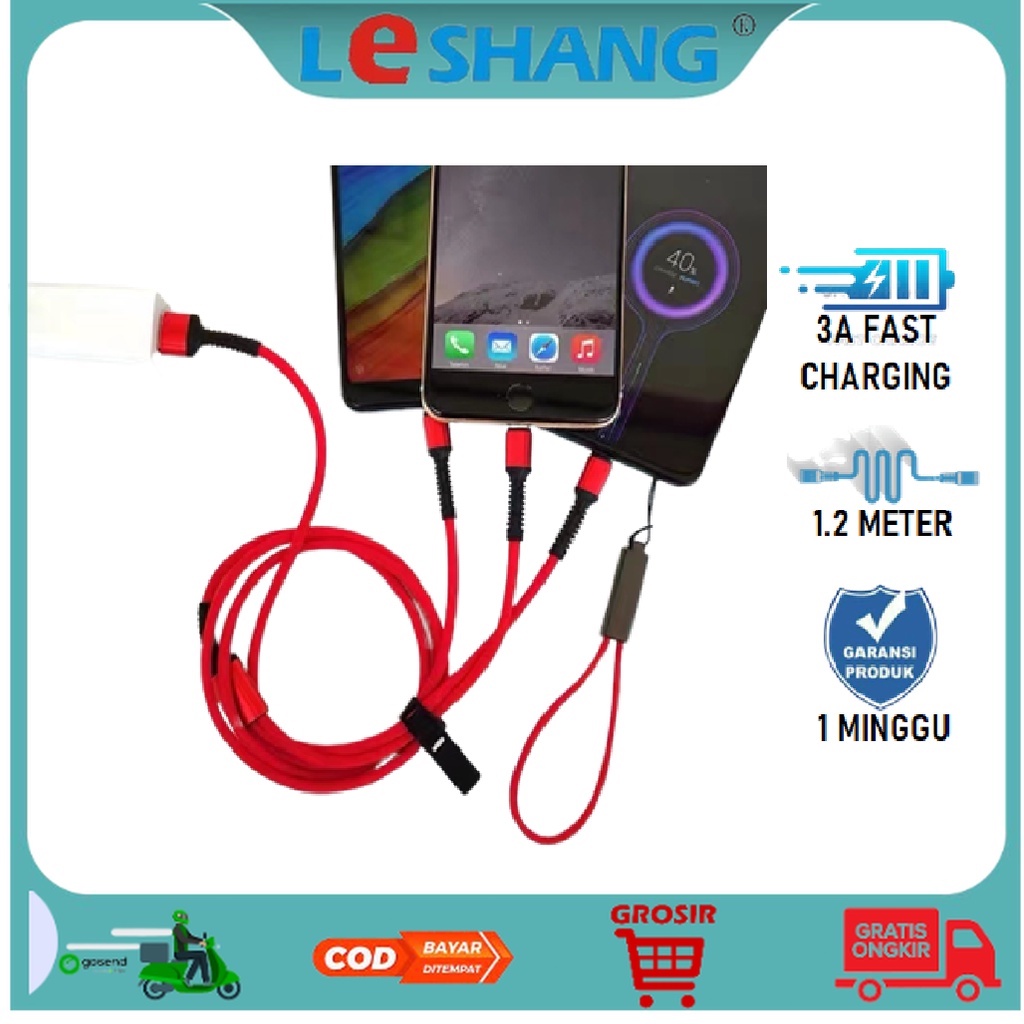 Jual LeSHANG Kabel Data USB 3in1 Fast Charger Micro USB Lightning Type ...