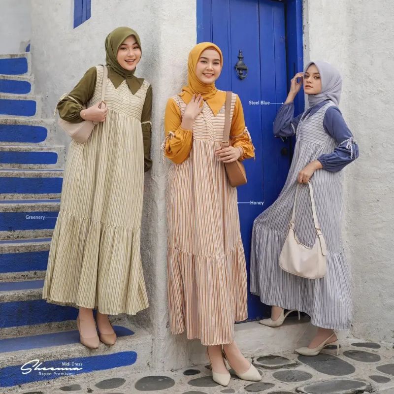 Jual SHEENA STRIPE MIDI DRESS by Nadheera Luxury [ NEW - Nadheera Midi Series ] Gamis Midi ...