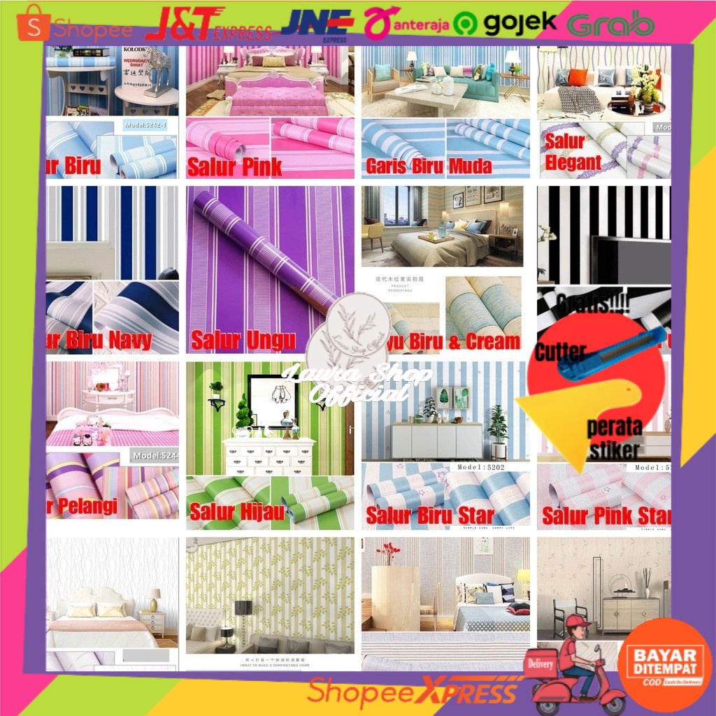 Jual WALLPAPER DINDING 45 cm x 10 M Salur Garis Hijau Biru Pink Ungu Gold Silver Hitam Putih ...