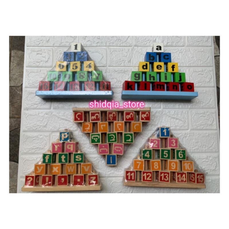 Jual Mainan Kayu Edukasi Menara Balok Susun Piramid hijaiyah, angka dan ...